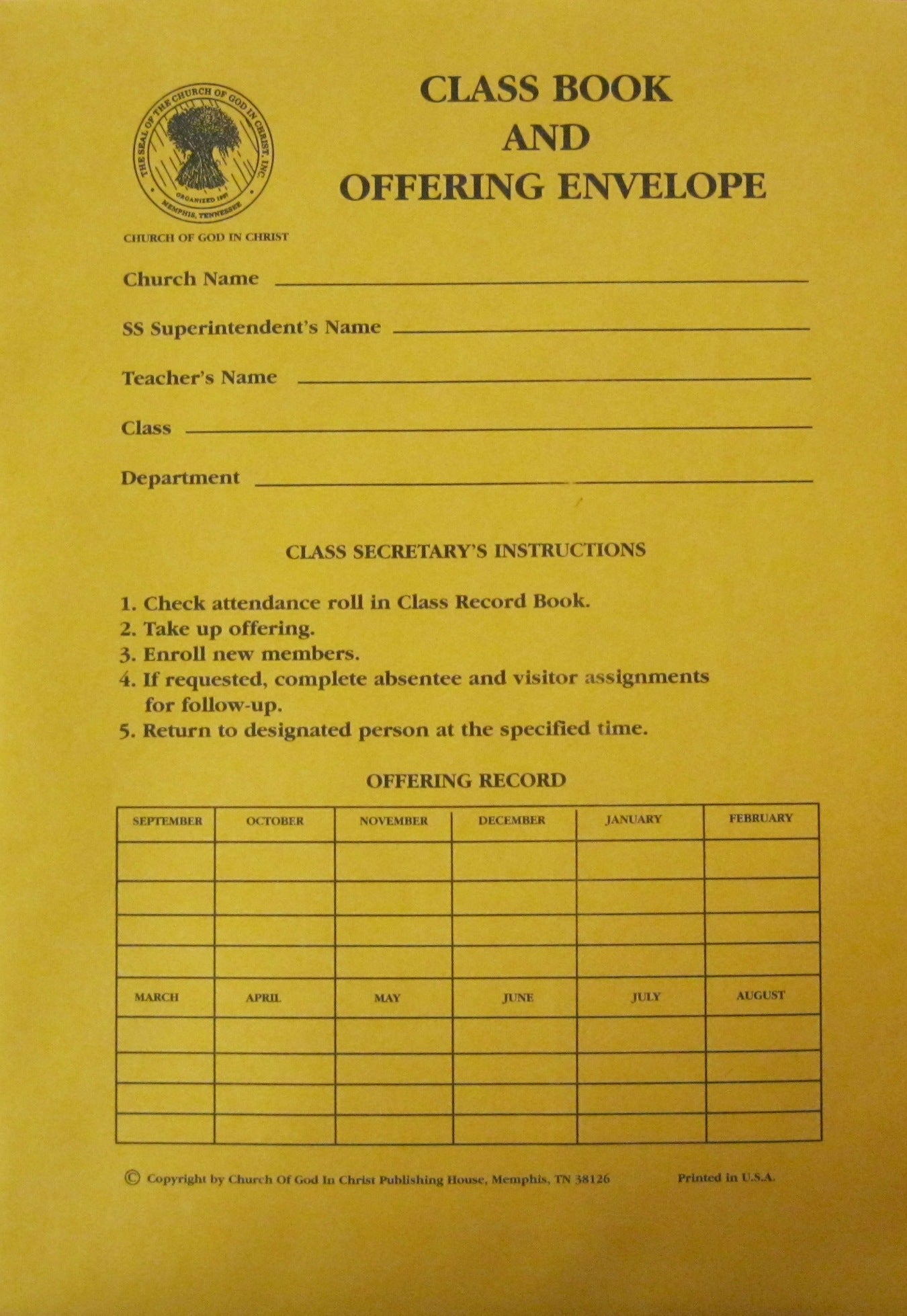 Class Book & Offering Envelope – Church of God in Christ Publishing House